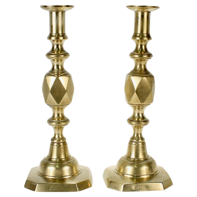 Pair of Antique English 'Queen of Diamonds' Brass Candlesticks at ...