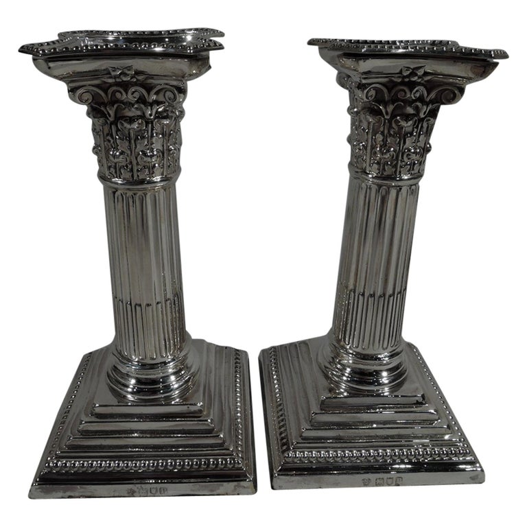 Pair of Antique English Sterling Silver Classical Column Candlesticks ...