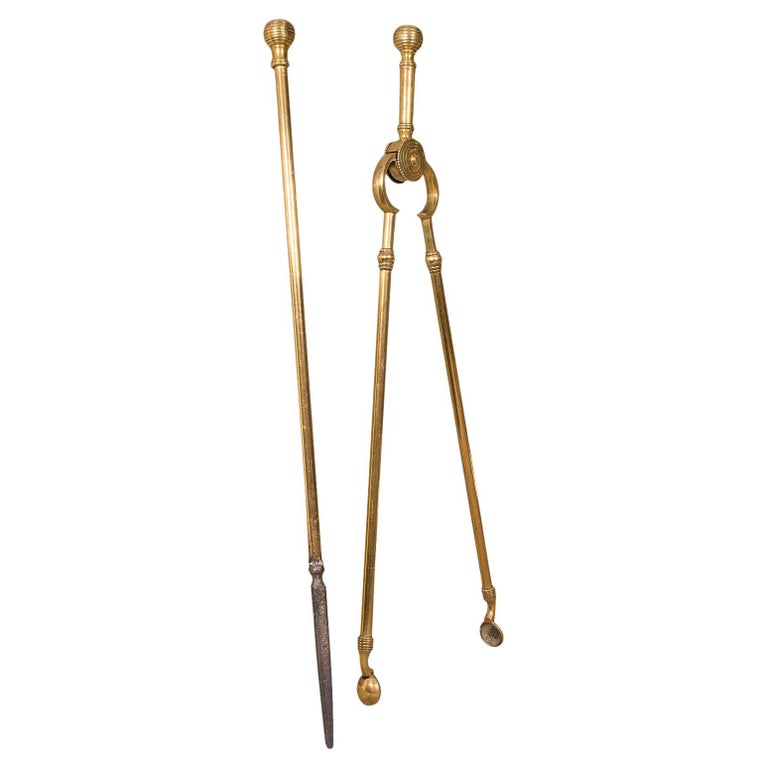 Pair of Antique Fireside Tools, English, Brass, Iron, Poker, Tongs ...