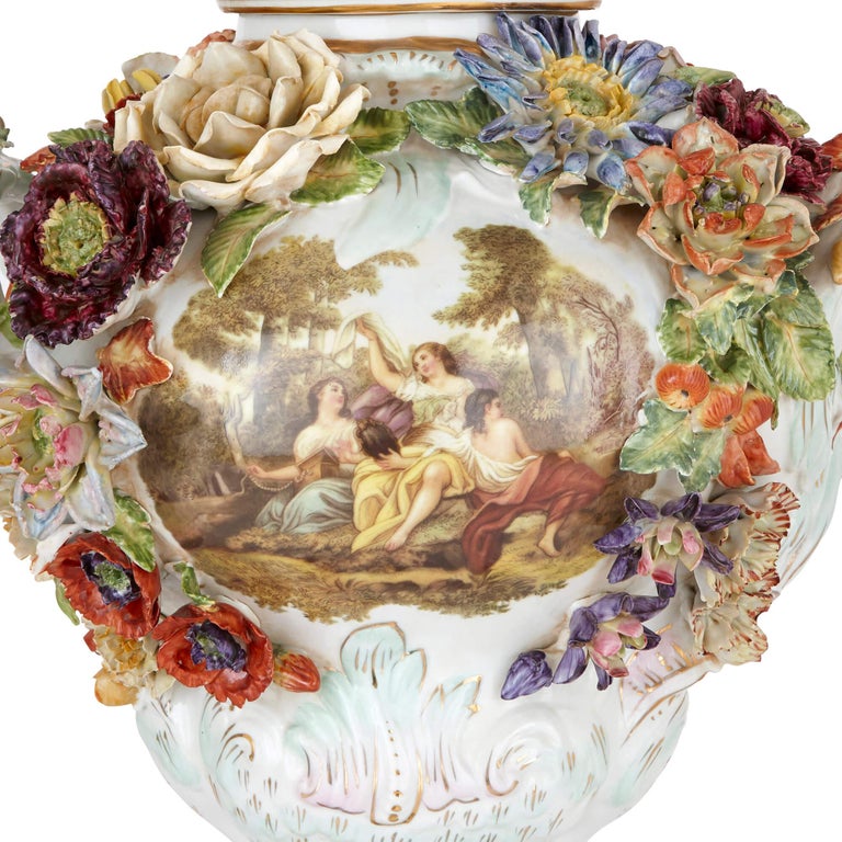 Pair of Antique Floral Dresden Porcelain Vases at 1stDibs