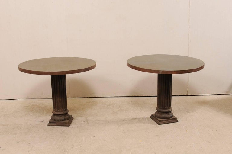 Pair of Antique Fluted-Column Base Tables w/Custom 3' Round Patinated ...