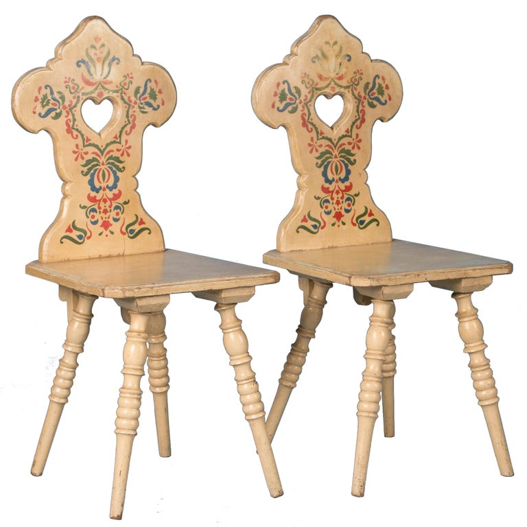 Pair of Antique Folk Art Yellow Painted Side Chairs at 1stDibs