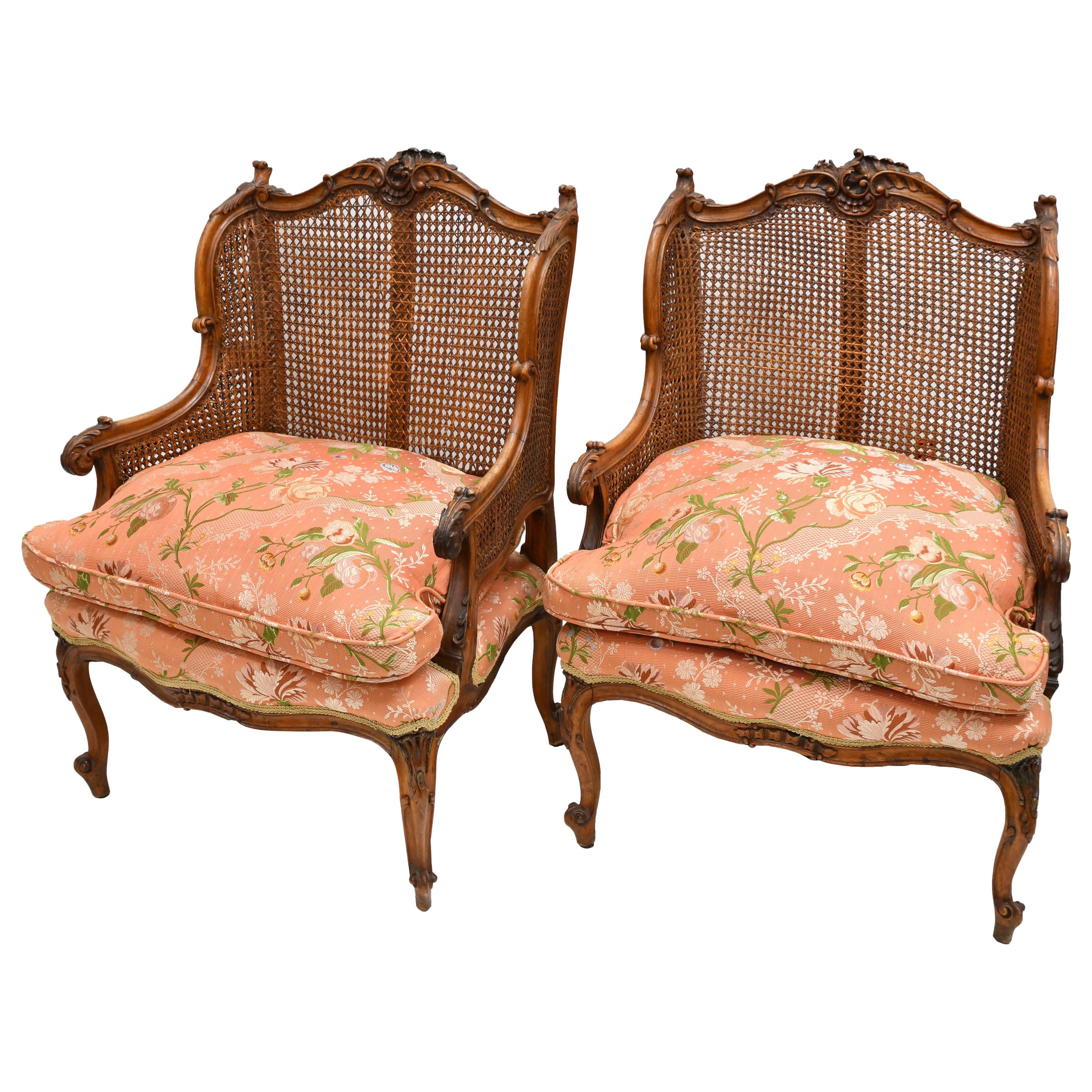 Pair of Antique French Louis XV Style Bergères/Armchairs w/ Caning and ...