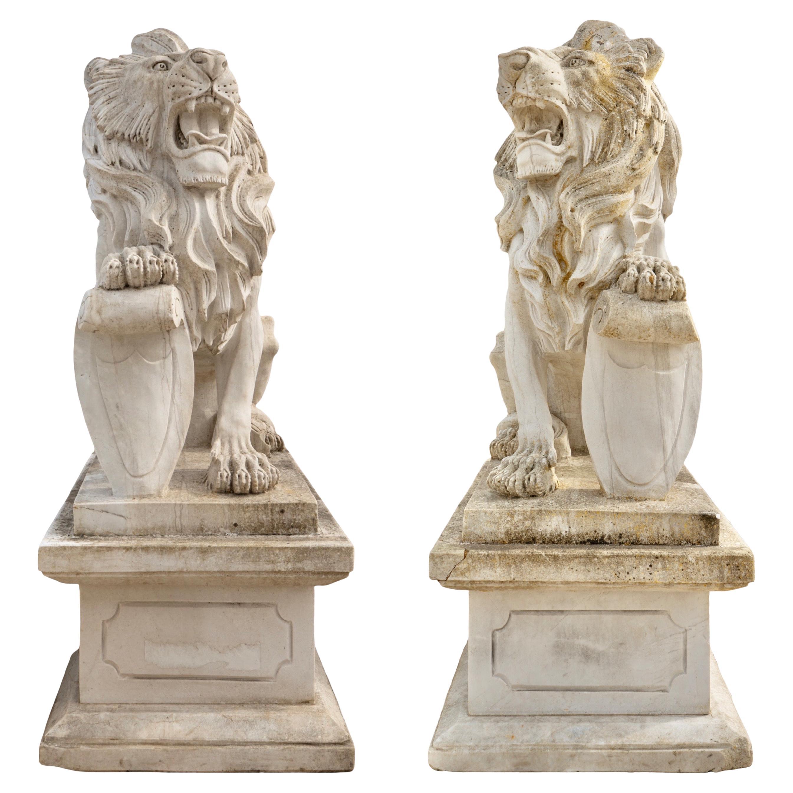 Pair of Antique French Marble Lions on Plinth Bases For Sale at 1stDibs