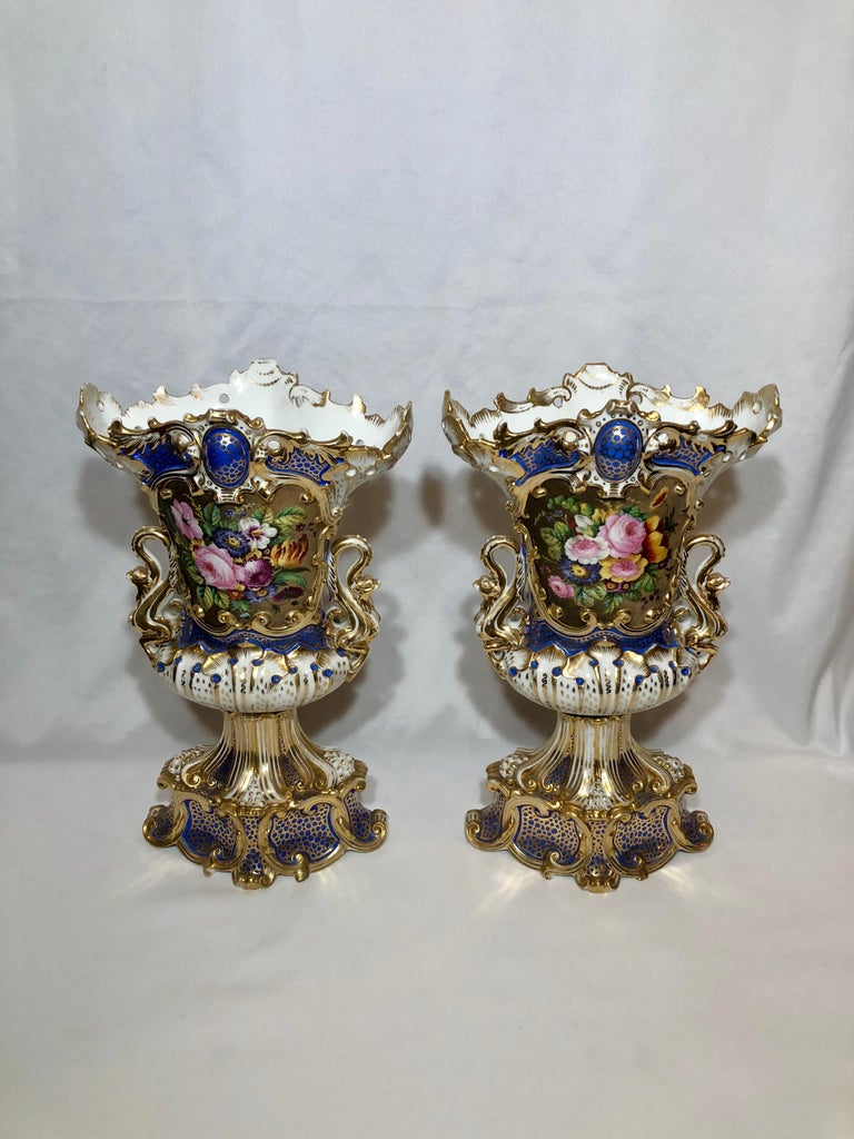 Pair of Antique French Old Paris Hand-Painted Vases at 1stDibs