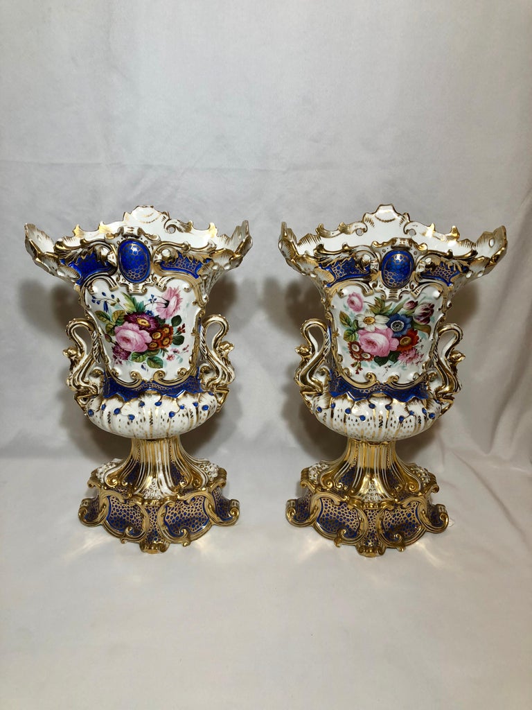 Pair of Antique French Old Paris Hand-Painted Vases at 1stDibs