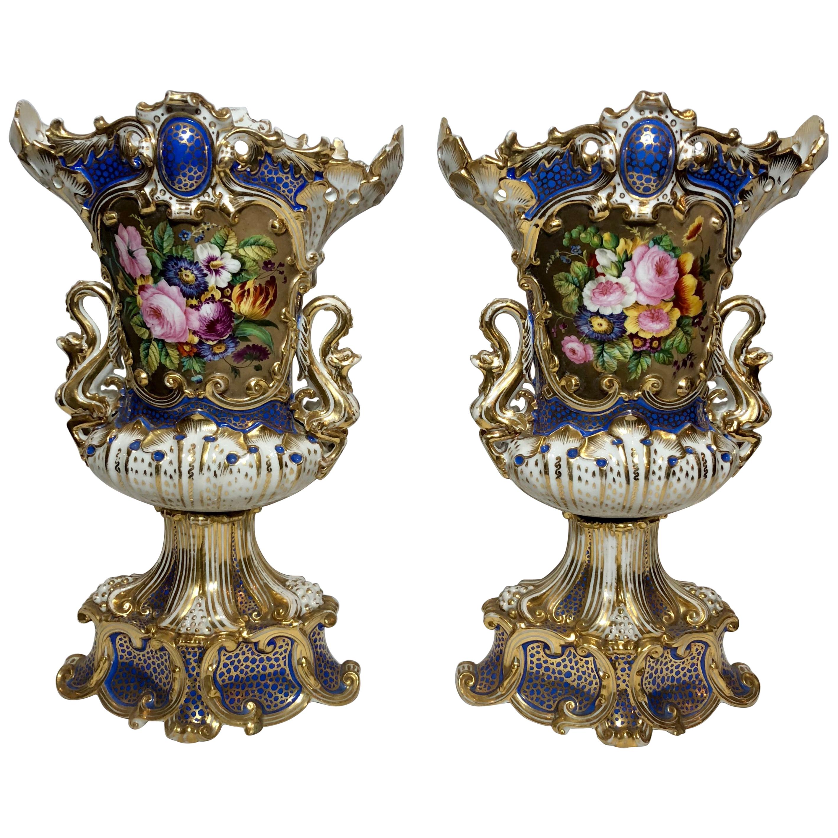 Pair of Antique French Old Paris Hand-Painted Vases at 1stDibs