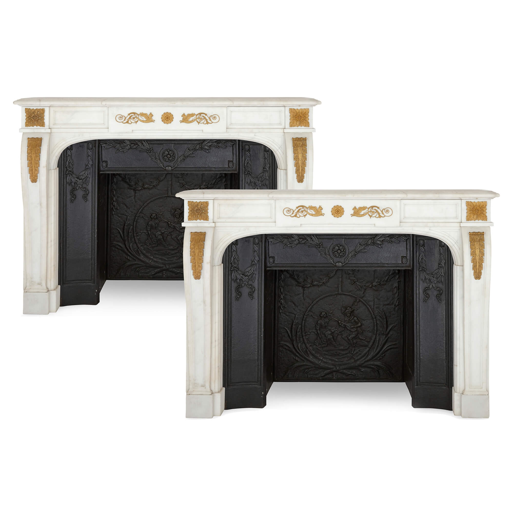 Pair of Antique French Ormolu Mounted Marble Fireplaces with Cast Iron ...