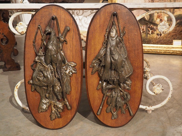 Pair of Antique French Oval Hunting and Fishing Trophy Plaques, Circa ...