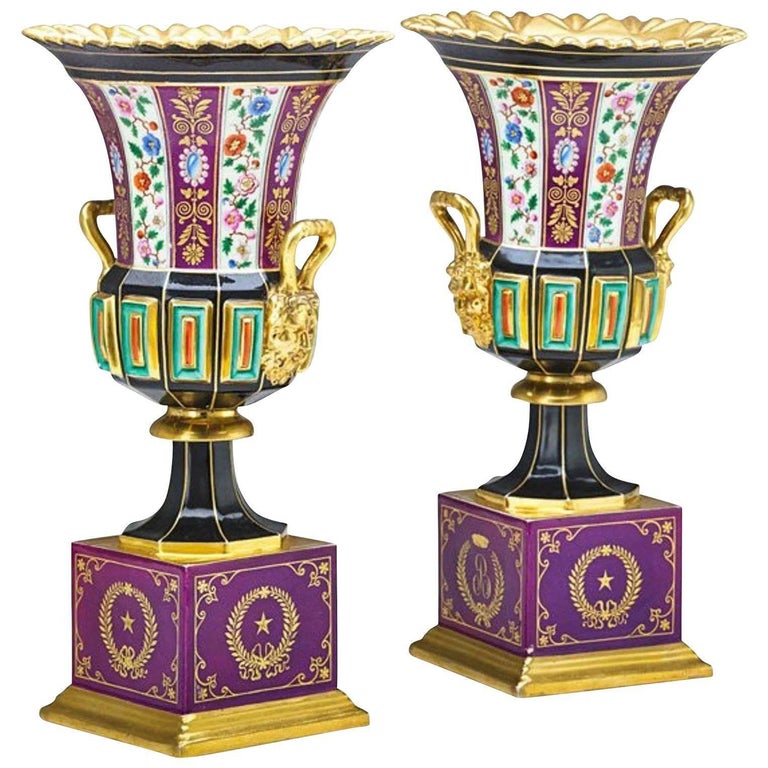 Pair of Antique French Paris Porcelain Vases or Lamps with Maroon Bases ...