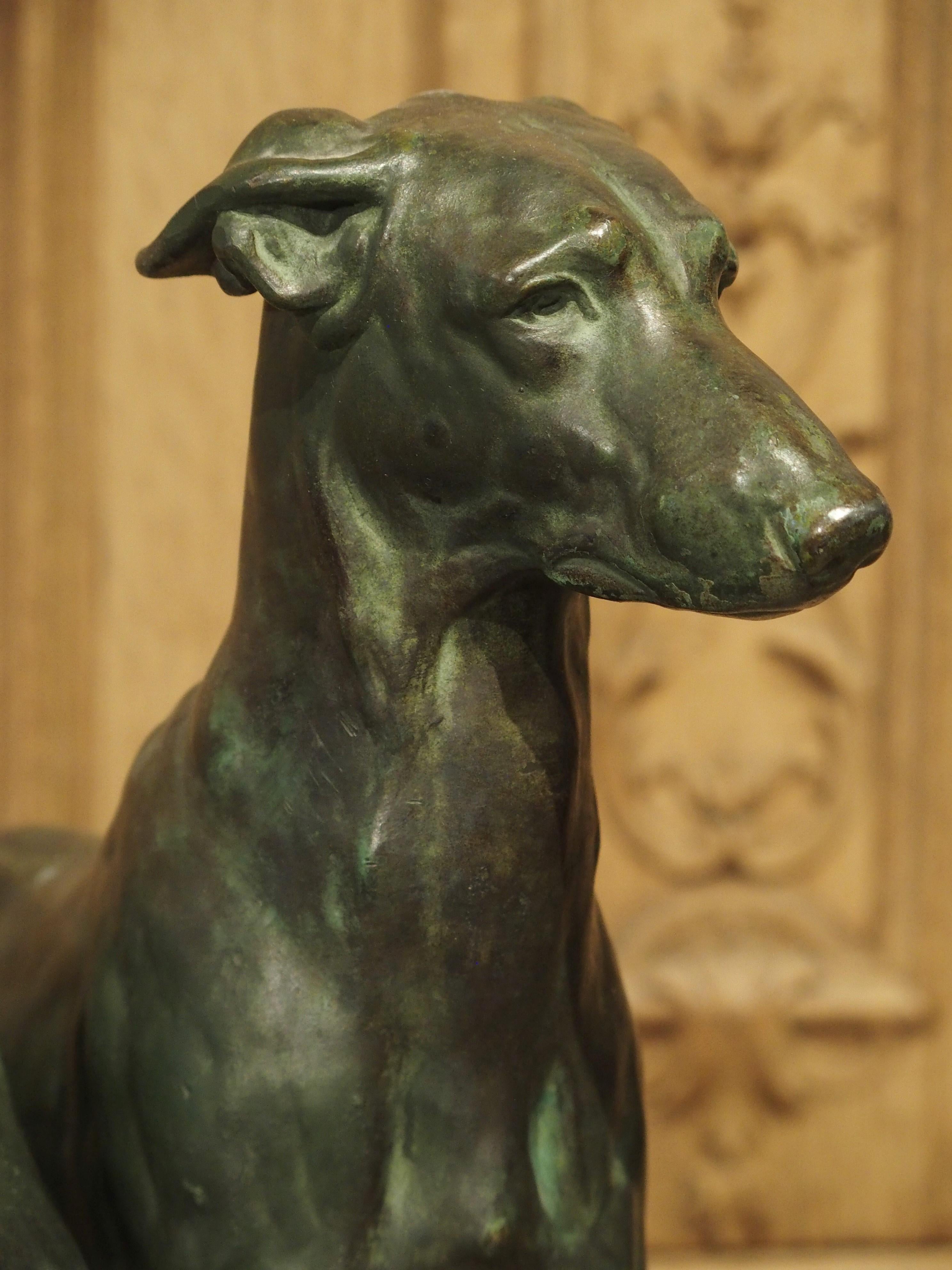 Pair of Antique French Patinated Bronze Greyhounds on a Granite Base ...