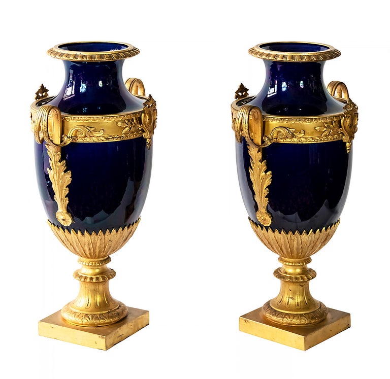 Pair of Antique French Sevres Style Porcelain Cobalt Blue and Bronze ...