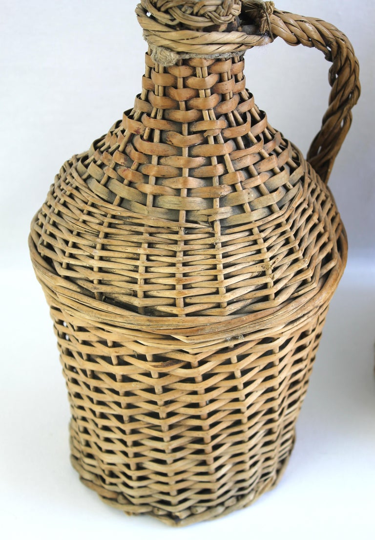 Pair Of Antique French Wicker Wrapped Glass Wine Jug Demi John At 1stdibs