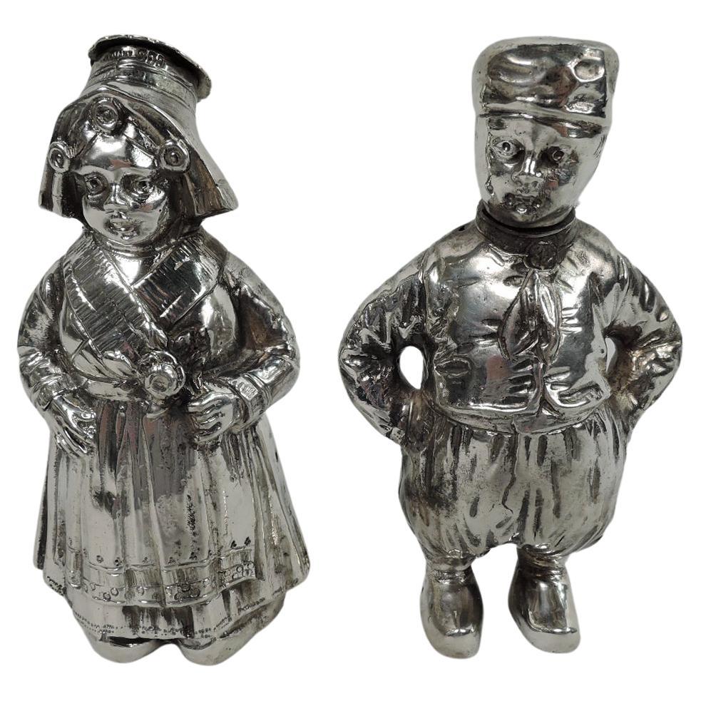 Pair of Antique German Silver Country Boy and Girl Salt and Pepper ...
