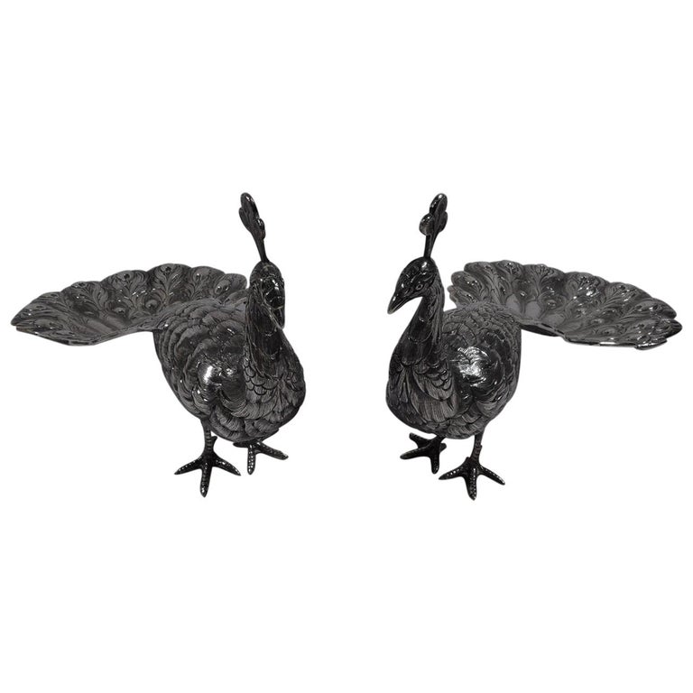 Pair of Antique German Silver Peacock Dishes For Sale at 1stDibs