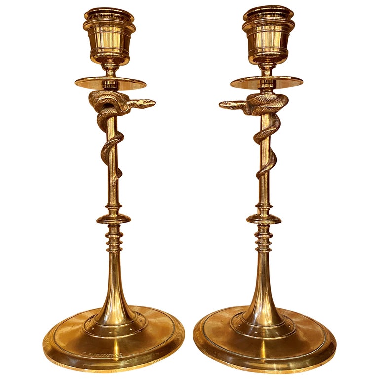 Pair of Antique Gold Bronze Snake Candlesticks by Ferdinand Barbedienne ...