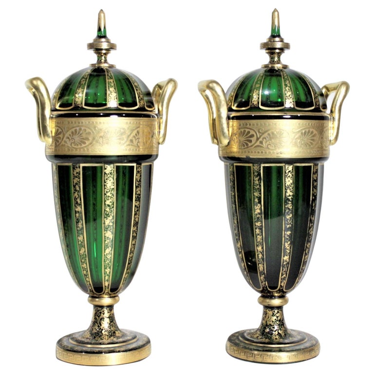 Pair of Antique Green Bohemian Covered Glass Urns with Heavy Gilt ...
