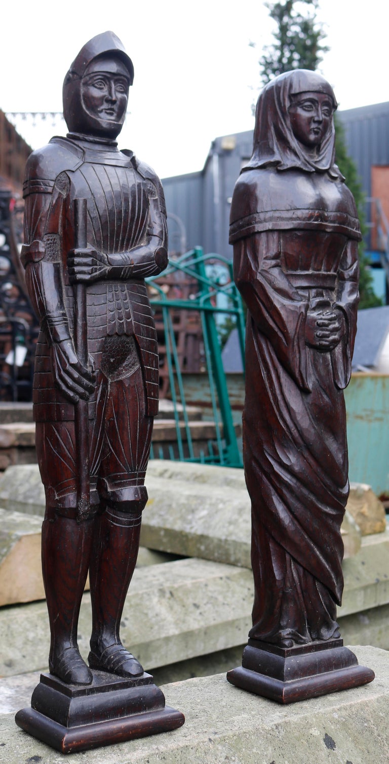 Pair of Antique Hand Carved Oak Figures For Sale at 1stDibs
