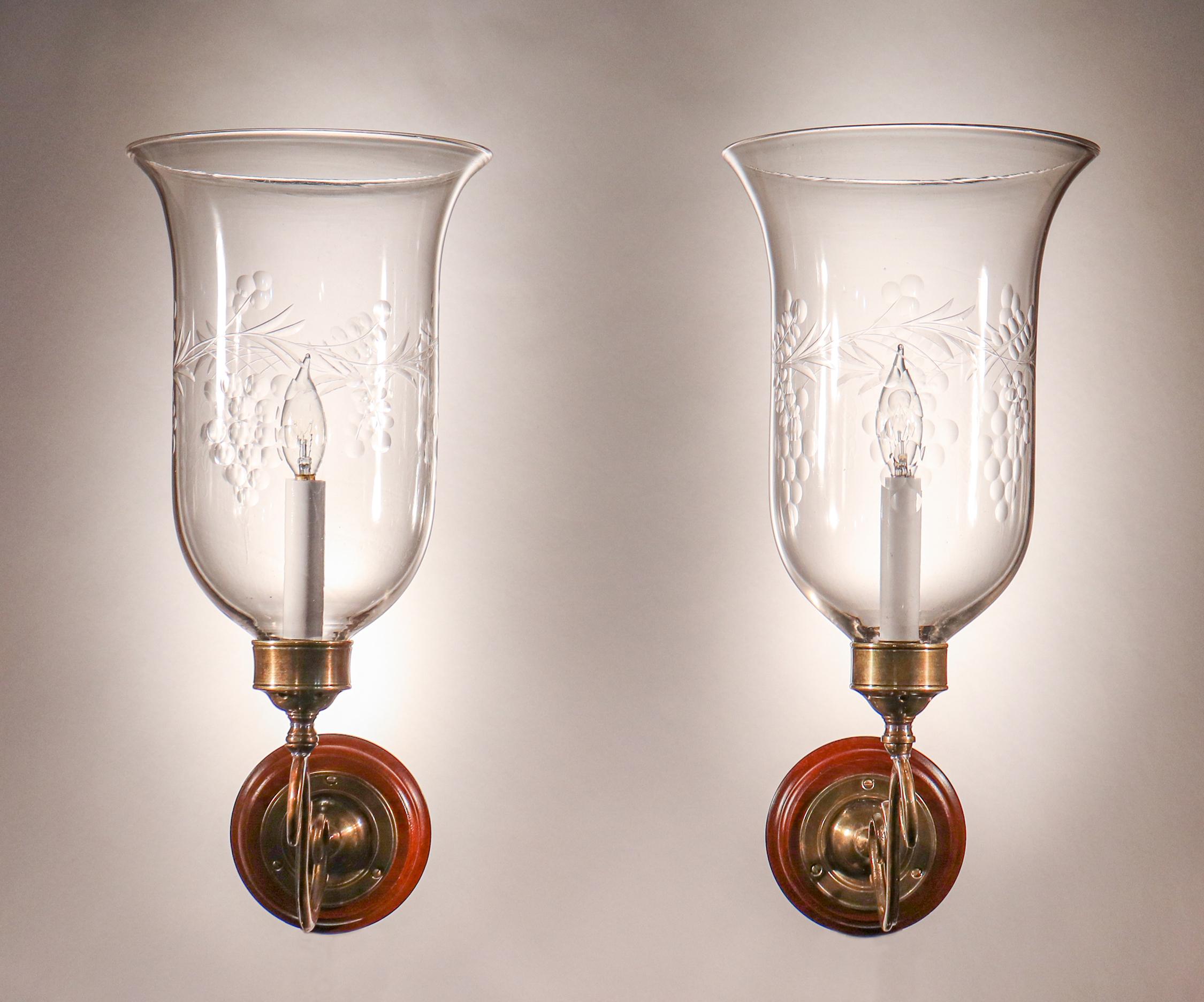 Pair of Antique Hurricane Shade Wall Sconces with Grape Etching at 1stDibs
