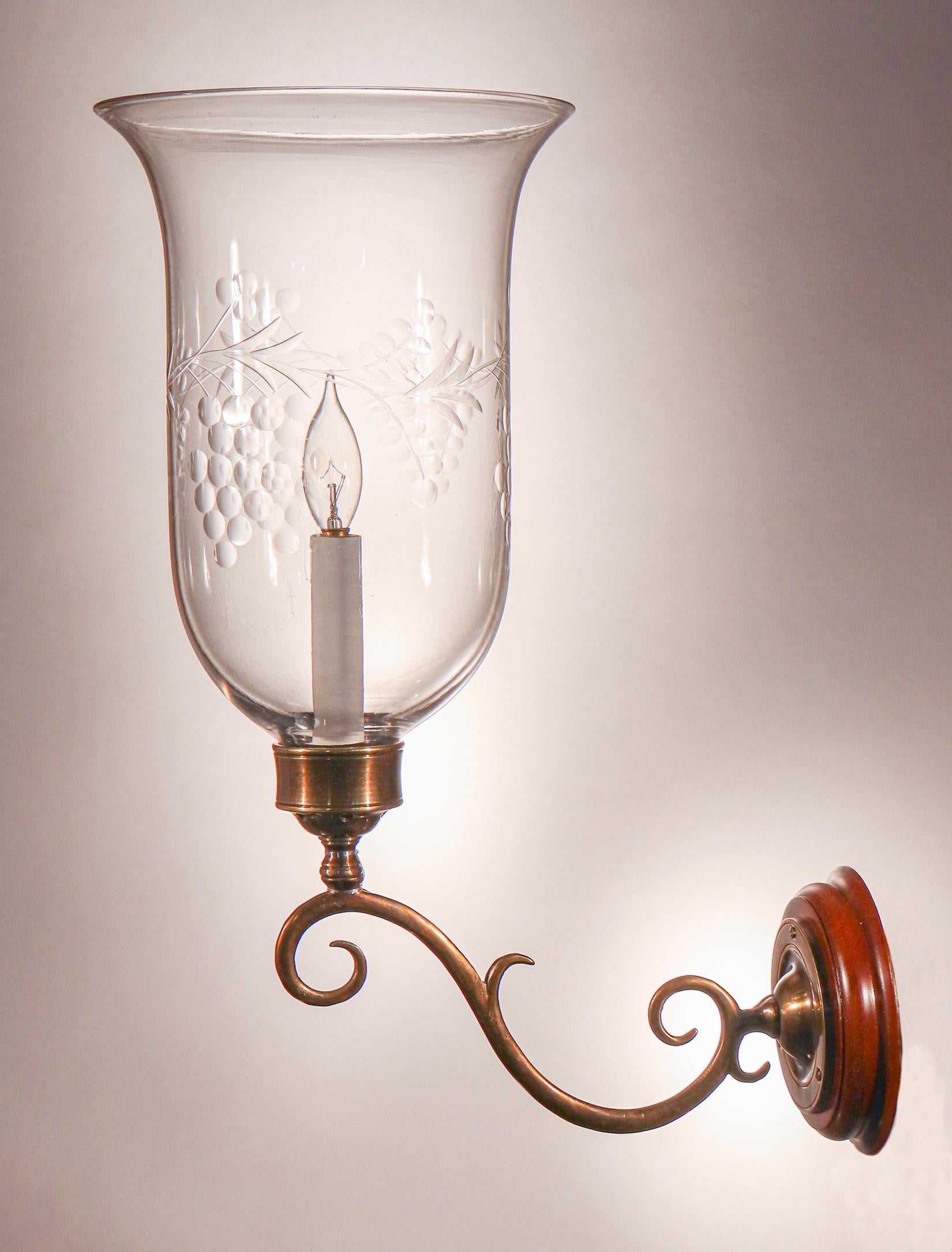 Pair of Antique Hurricane Shade Wall Sconces with Grape Etching at 1stDibs
