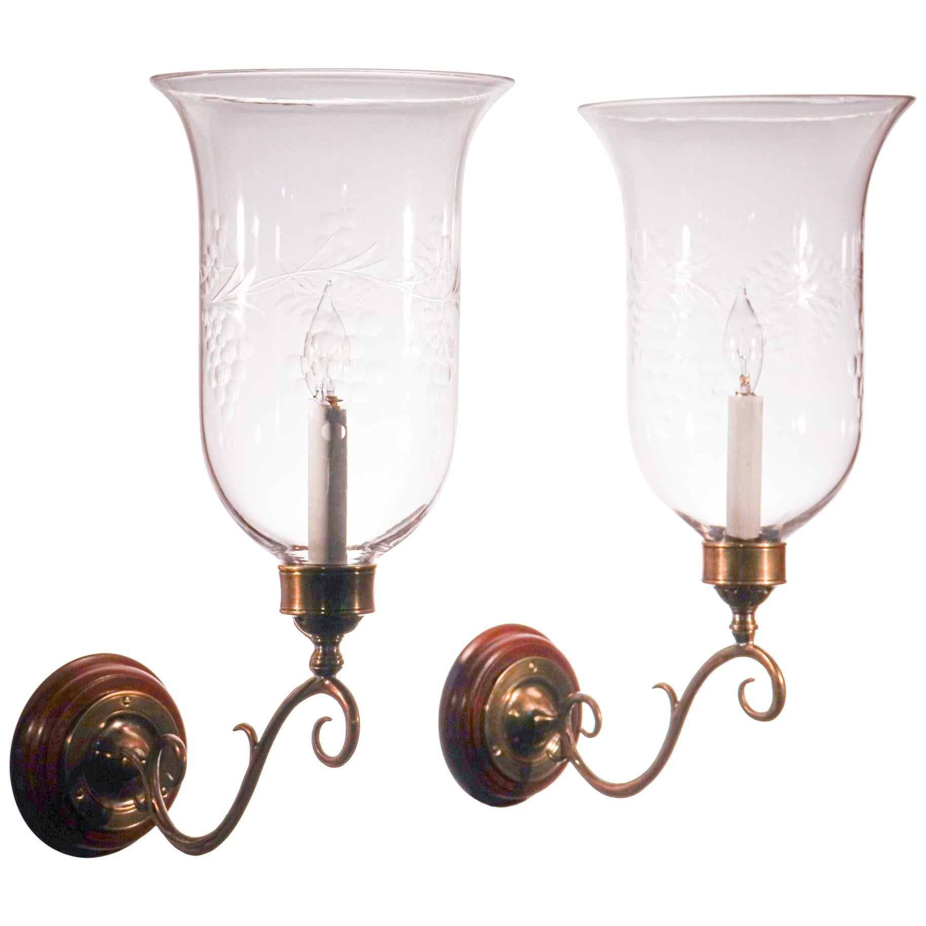 Pair of Antique Hurricane Shade Wall Sconces with Grape Etching at 1stDibs
