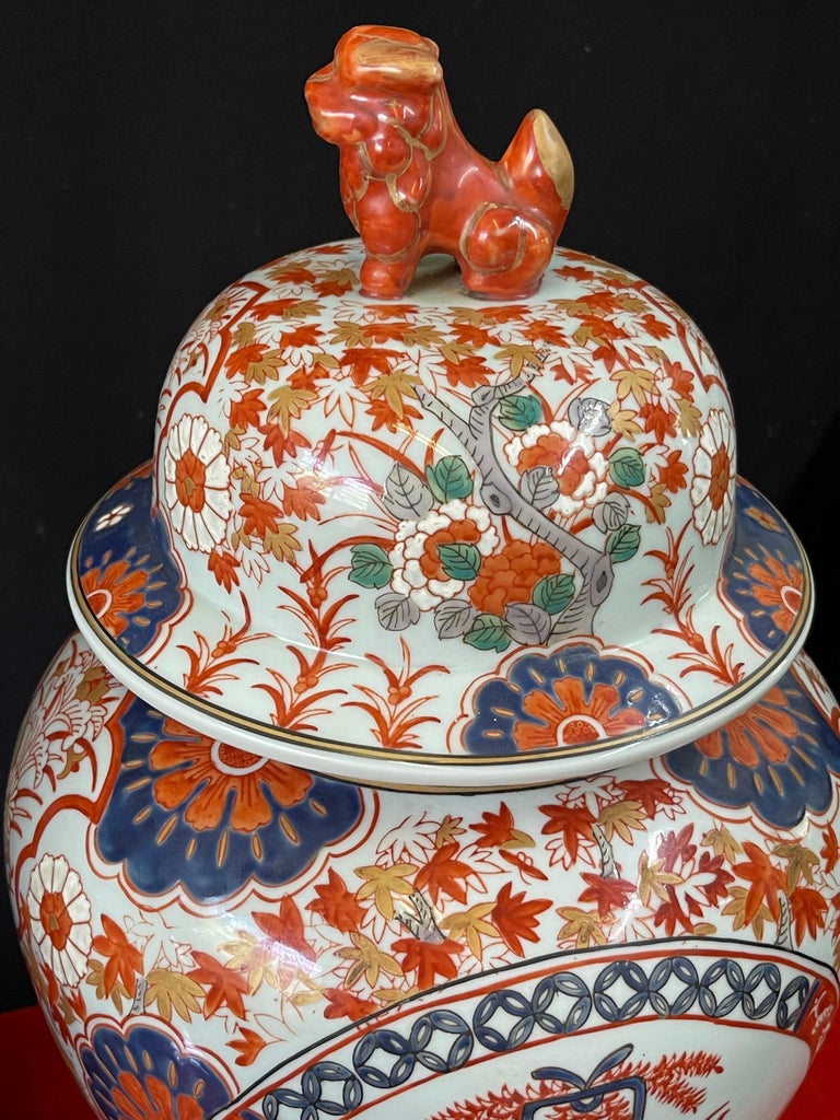 Pair of Antique Imari Ginger Jars W Foo Dog Lids For Sale at 1stDibs