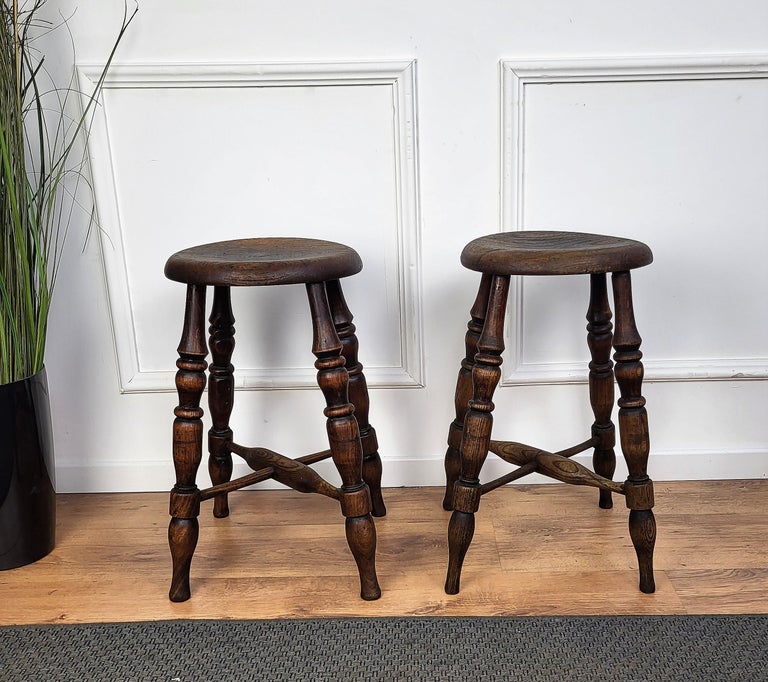 Pair of Antique Italian Walnut Side Tables or Stools with Carved Turned ...