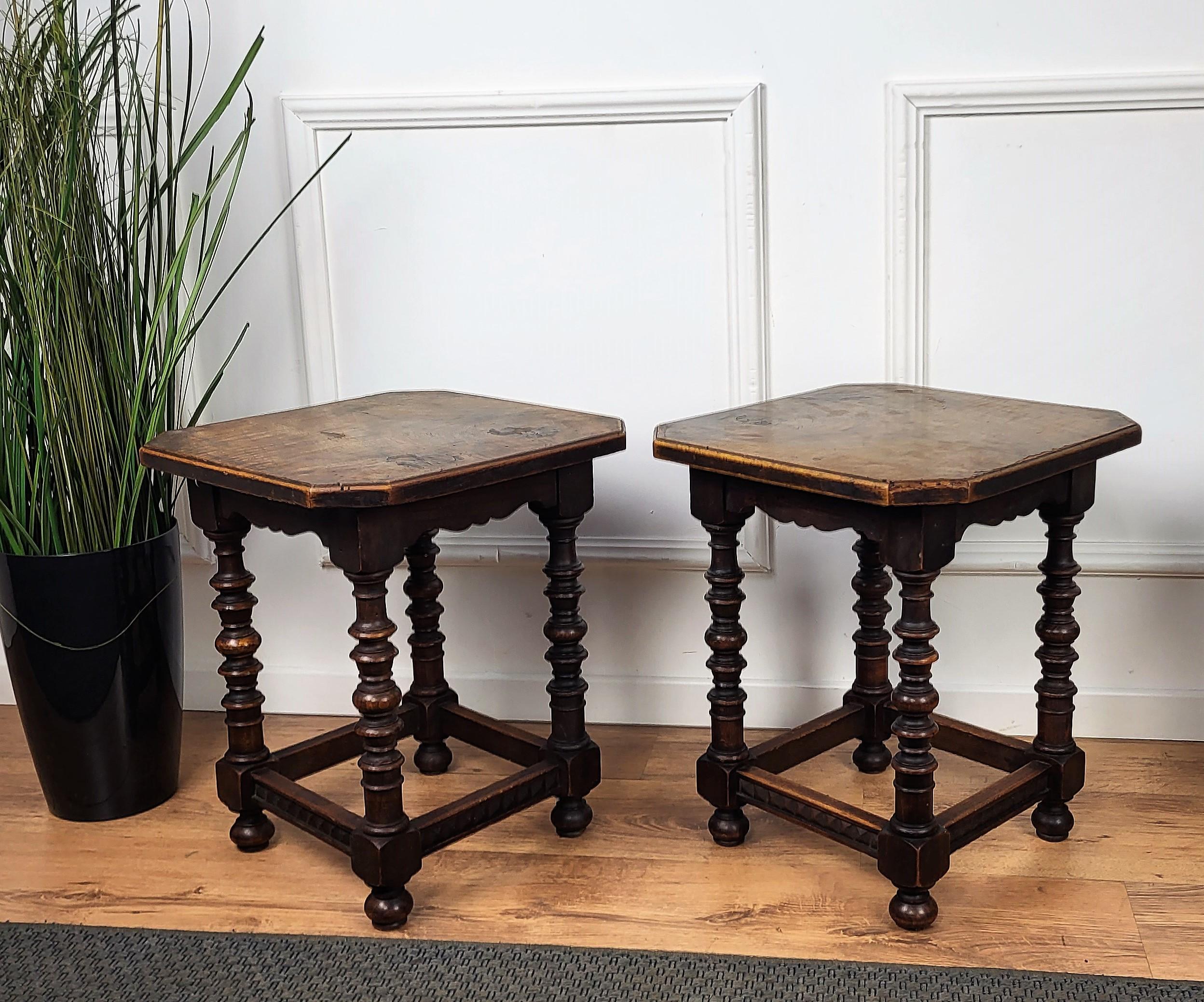 Pair of Antique Italian Walnut Side Tables or Stools with Carved Turned ...