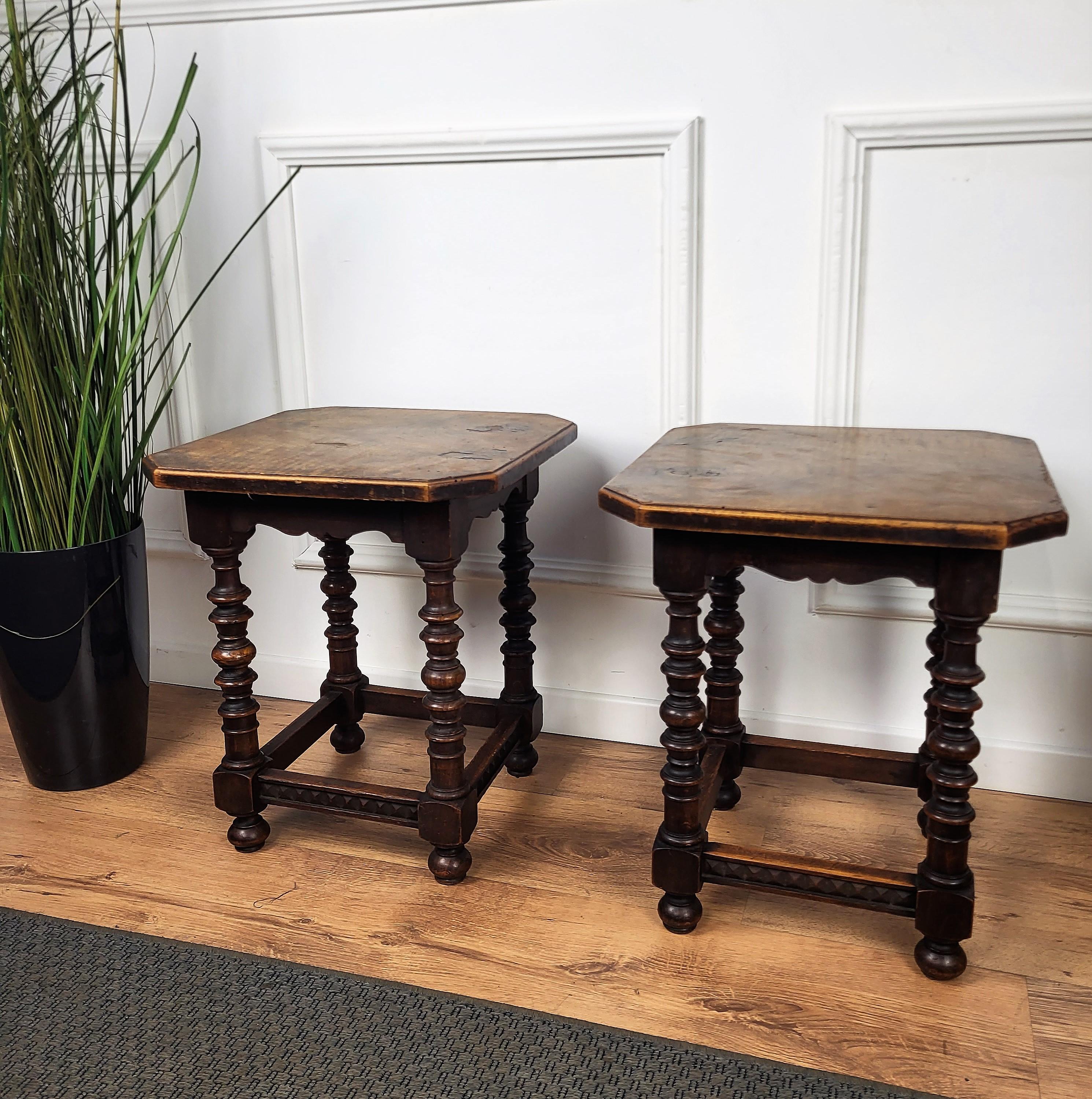 Pair of Antique Italian Walnut Side Tables or Stools with Carved Turned ...