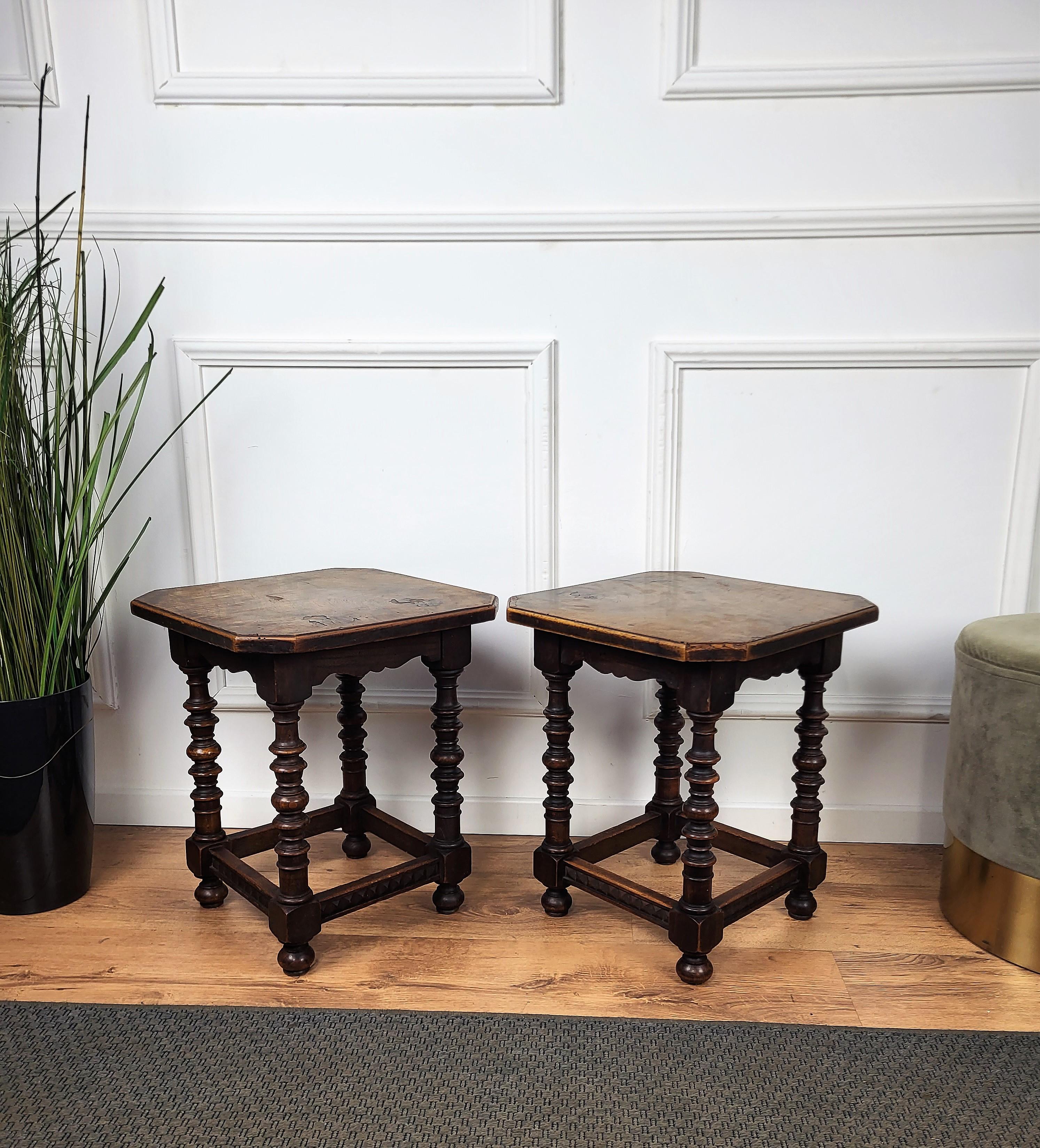 Pair of Antique Italian Walnut Side Tables or Stools with Carved Turned ...