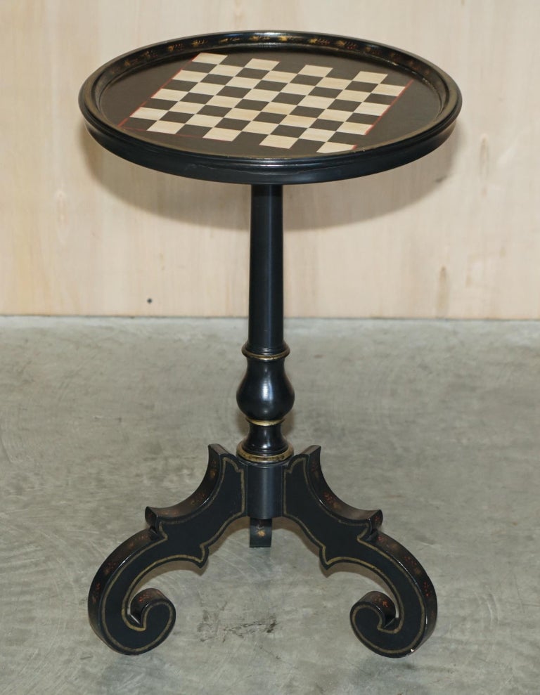 Pair of Antique Late Victorian Ebonised Hand Painted Chess Board Tripod ...