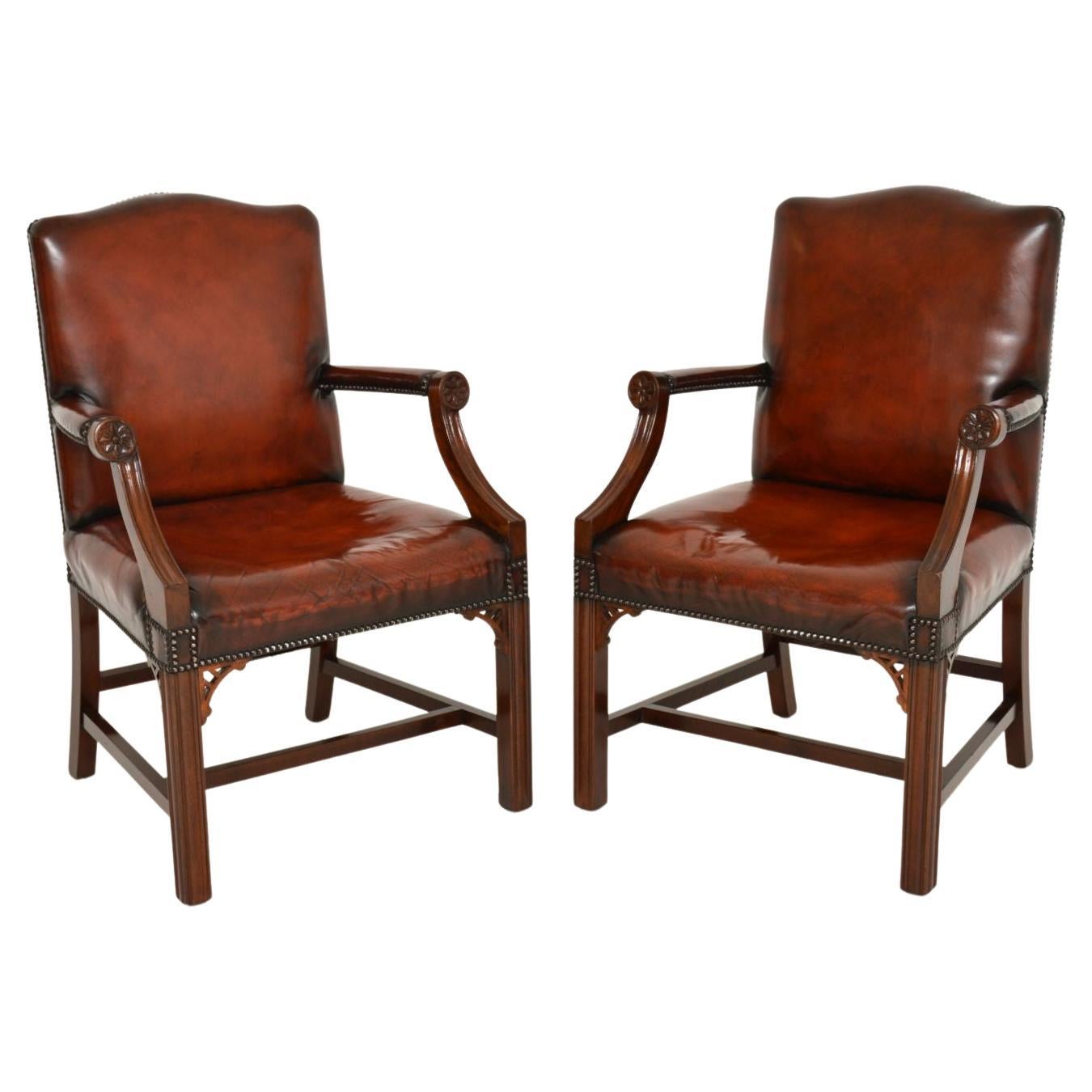 Pair of Antique Leather Channel Back Armchairs at 1stDibs