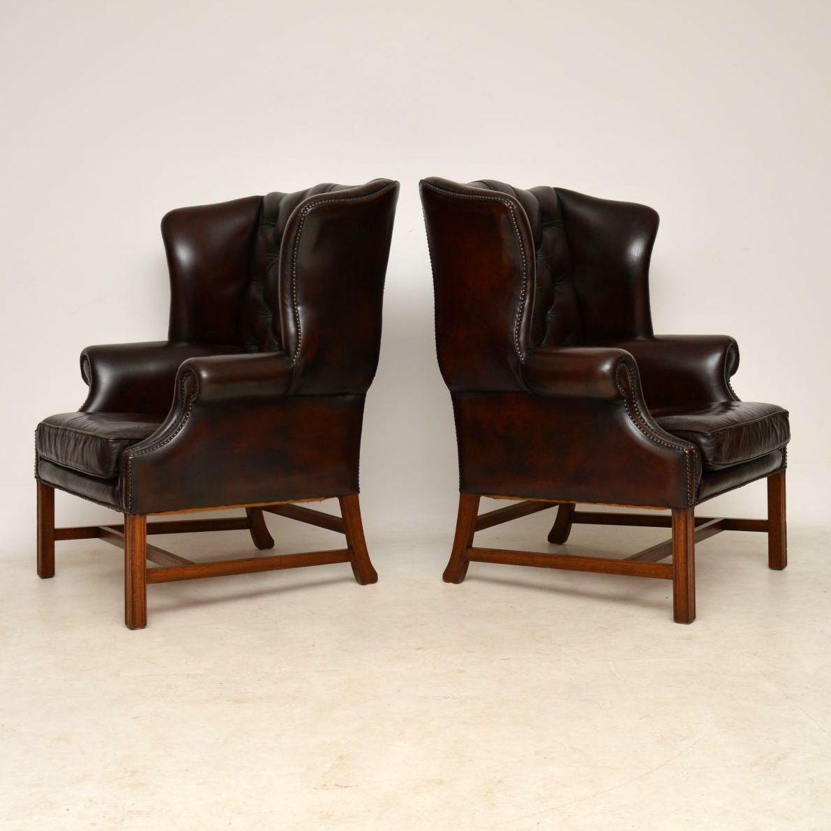 Pair of Antique Leather Wing Back Armchairs at 1stDibs