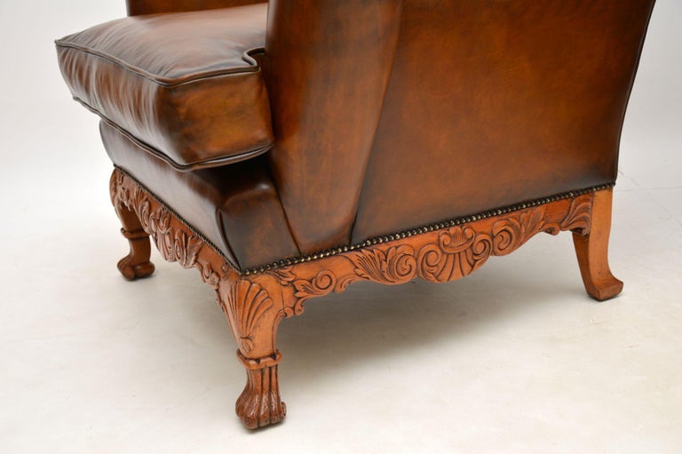 Pair of Antique Leather Wing Back Armchairs For Sale at 1stDibs