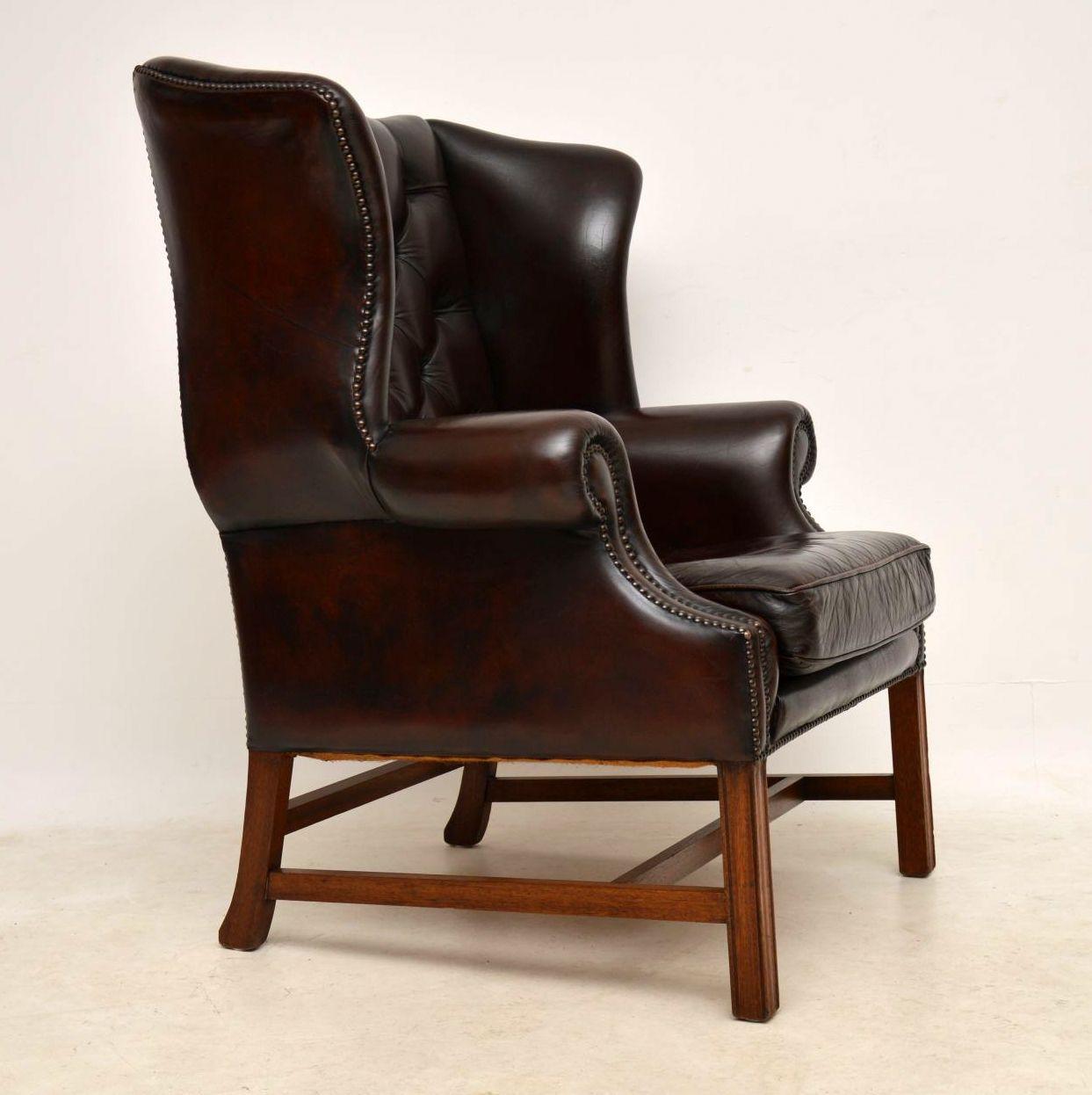 Pair of Antique Leather Wing Back Armchairs at 1stDibs