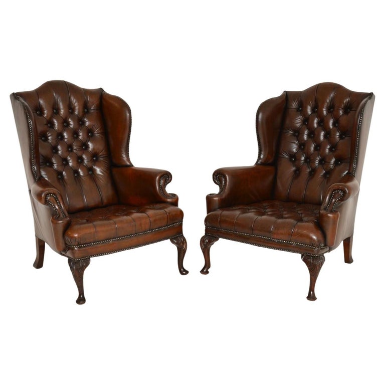 Pair of Antique Leather Wing Back Armchairs at 1stDibs