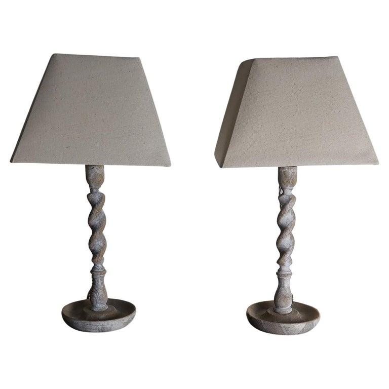 Pair of Antique Limed Oak Barley Twist Table Lamps For Sale at 1stDibs