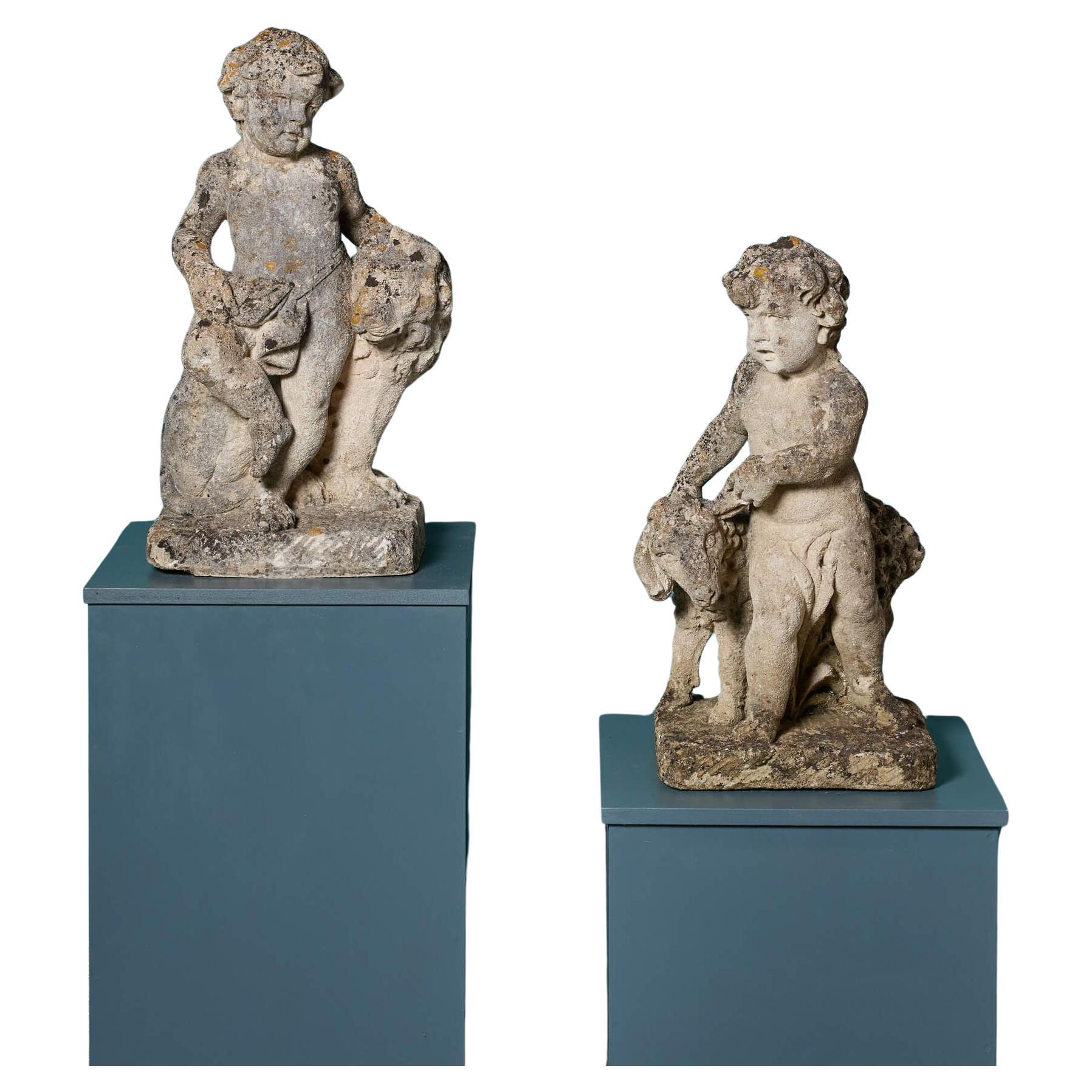 Pair of Antique Limestone Putti Statues with Sheep and Lion For Sale at ...