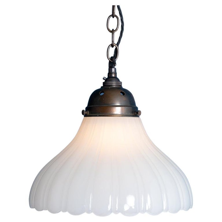 Pair of Antique Moonstone Pendant Lights with Aged Brass Fittings For ...