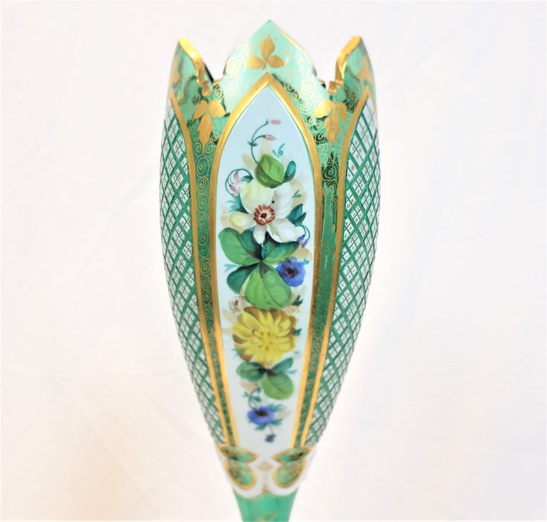 Pair of Antique Moser Style Green Glass Vases with Enamelled Panels and ...