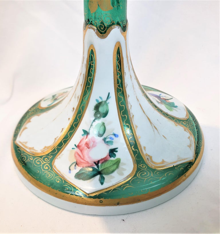 Pair of Antique Moser Style Green Glass Vases with Enamelled Panels and ...