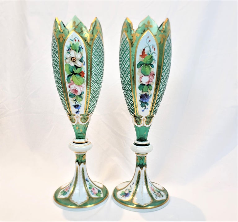 Pair of Antique Moser Style Green Glass Vases with Enamelled Panels and ...