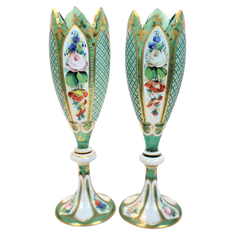Pair of Antique Moser Style Green Glass Vases with Enamelled Panels and ...