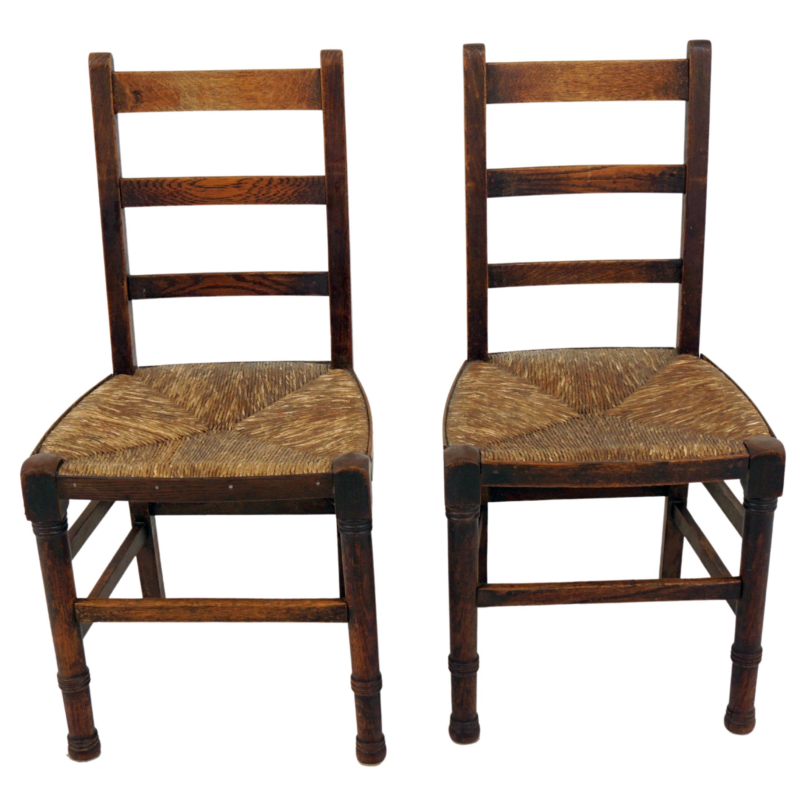 Pair of Antique Oak Ladder Back Rush Seat Dining Chairs, Scotland 1900 ...