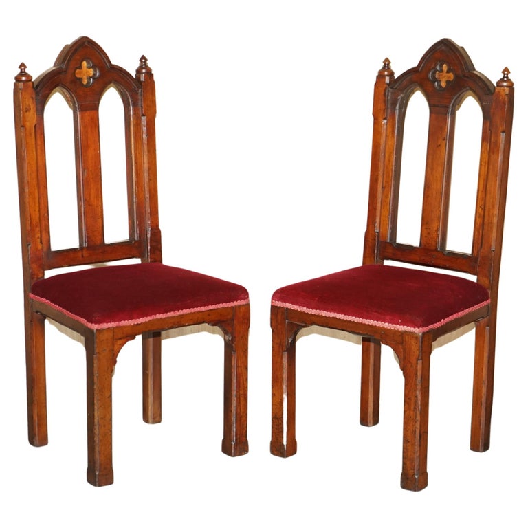 Pair of Antique Ornately Carved Steeple Back Oak Gothic Revival Hall ...