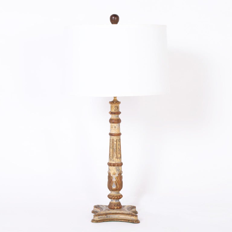 Pair of Antique Painted Italian Carved Wood Table Lamps For Sale at 1stDibs