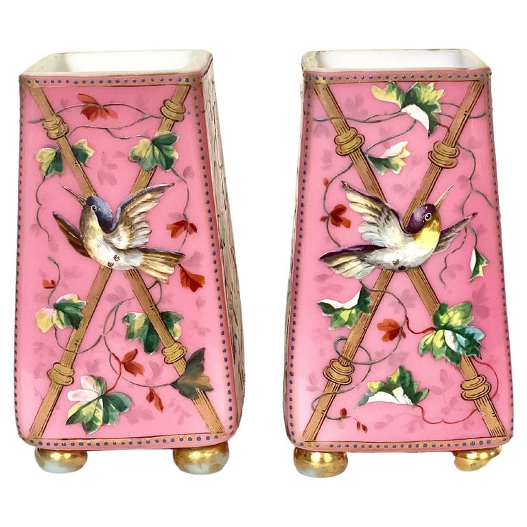 Pair of Antique Pink Opaline Vases For Sale at 1stDibs