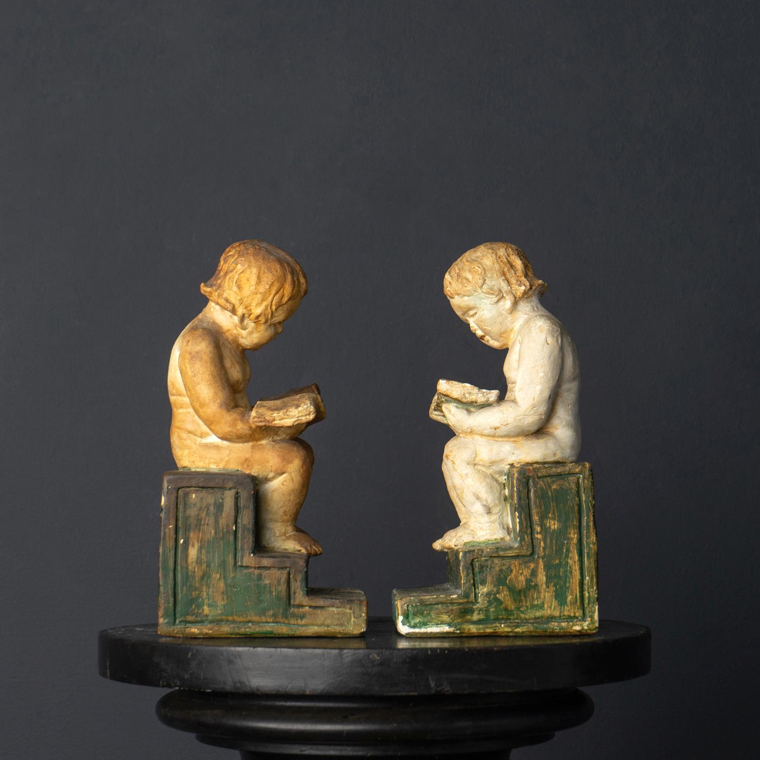 Pair of Antique Plaster Bookends Depicting Children Reading, C. 1920s ...
