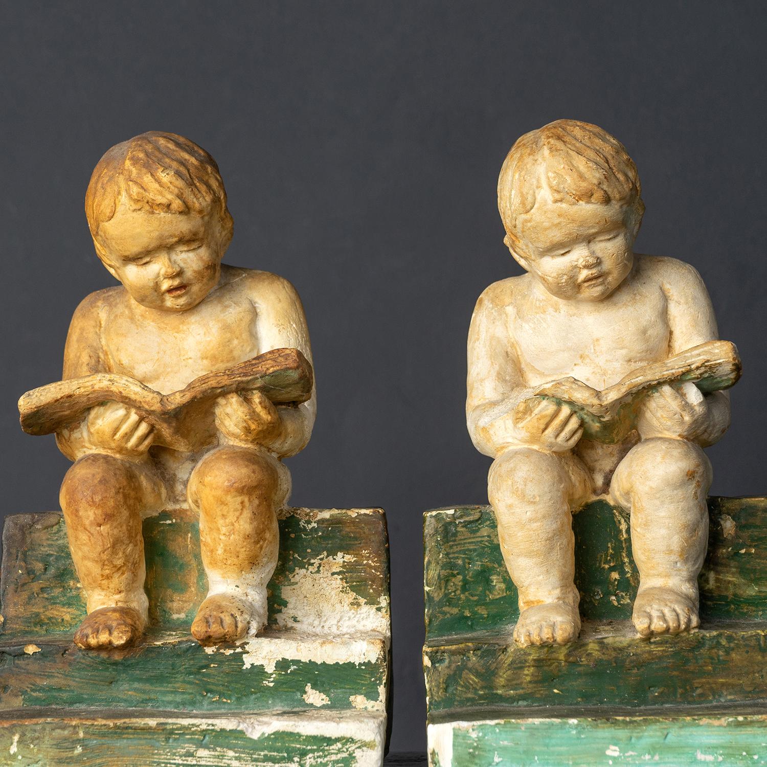 Pair of Antique Plaster Bookends Depicting Children Reading, C. 1920s ...