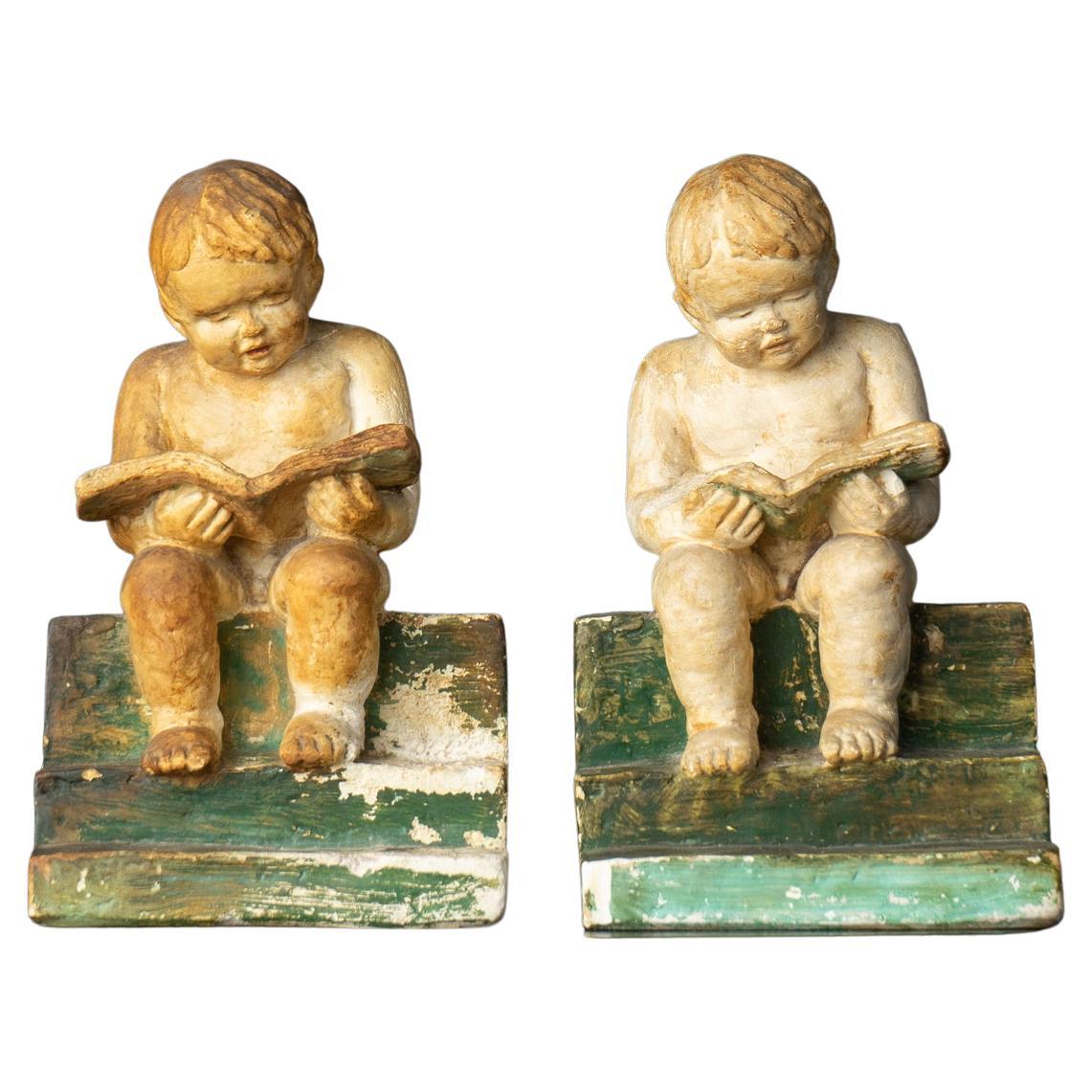 Pair of Antique Plaster Bookends Depicting Children Reading, C. 1920s ...